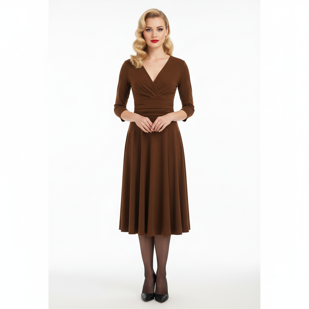 Chocolate Brown Deep V Neck A Line Vintage Ruched Waist 3/4 Sleeve Swi ...