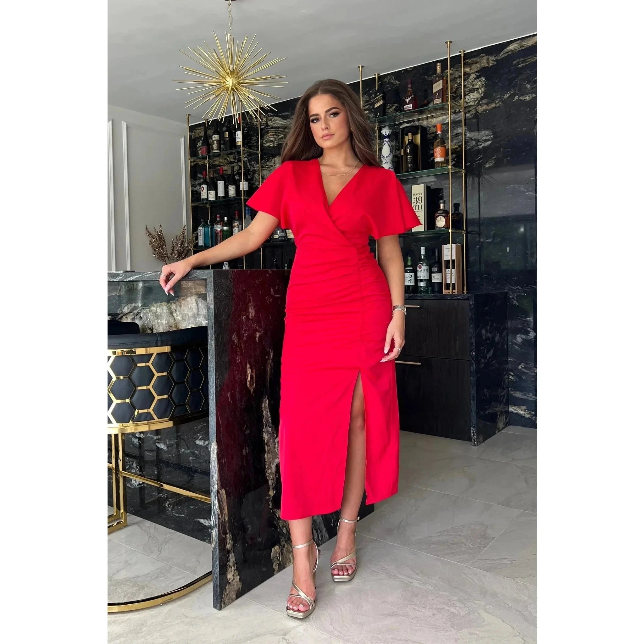 Red Wrapover Thigh Split Midi Dress W Batwing Sleeves And Elastic Waist