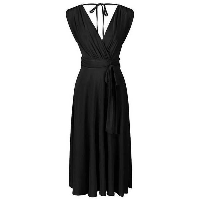 Black V Neck Crossover Wrap Top Slinky Cocktail Dress with Tie Waist ...