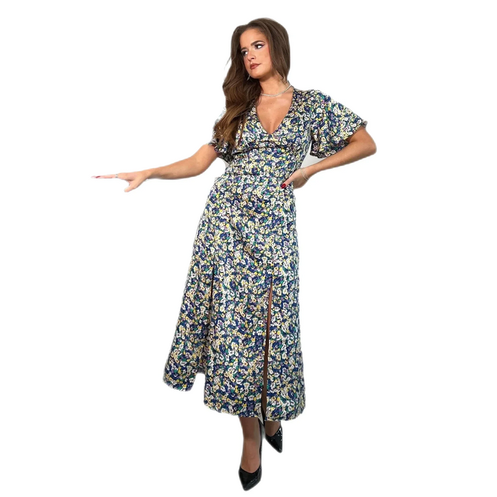 Ditsy Blue Floral Midi Dress With Angel Sleeves & High Leg Split ...