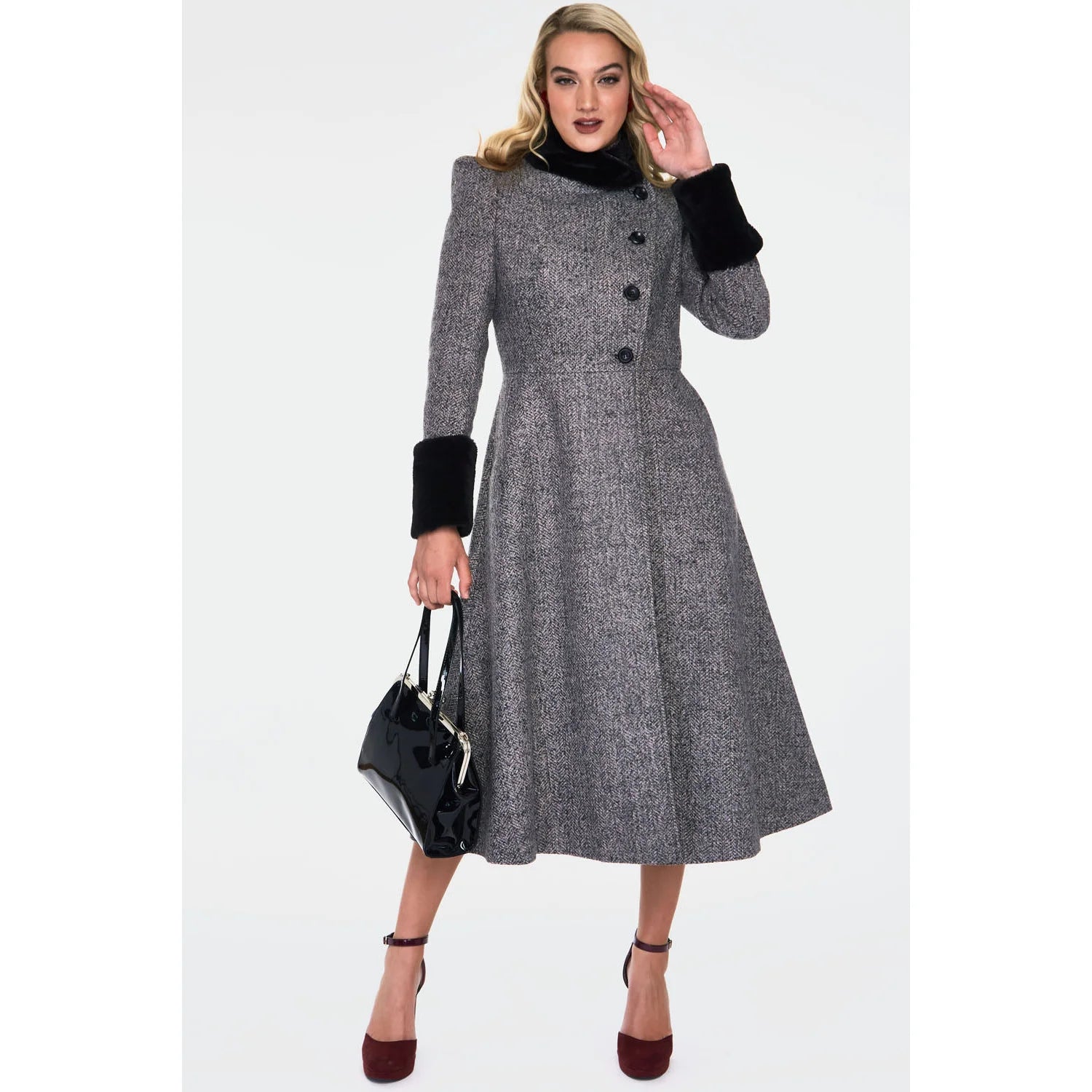 Grey Black Herringbone Check Print Winter Coat With Faux Fur Trim ...