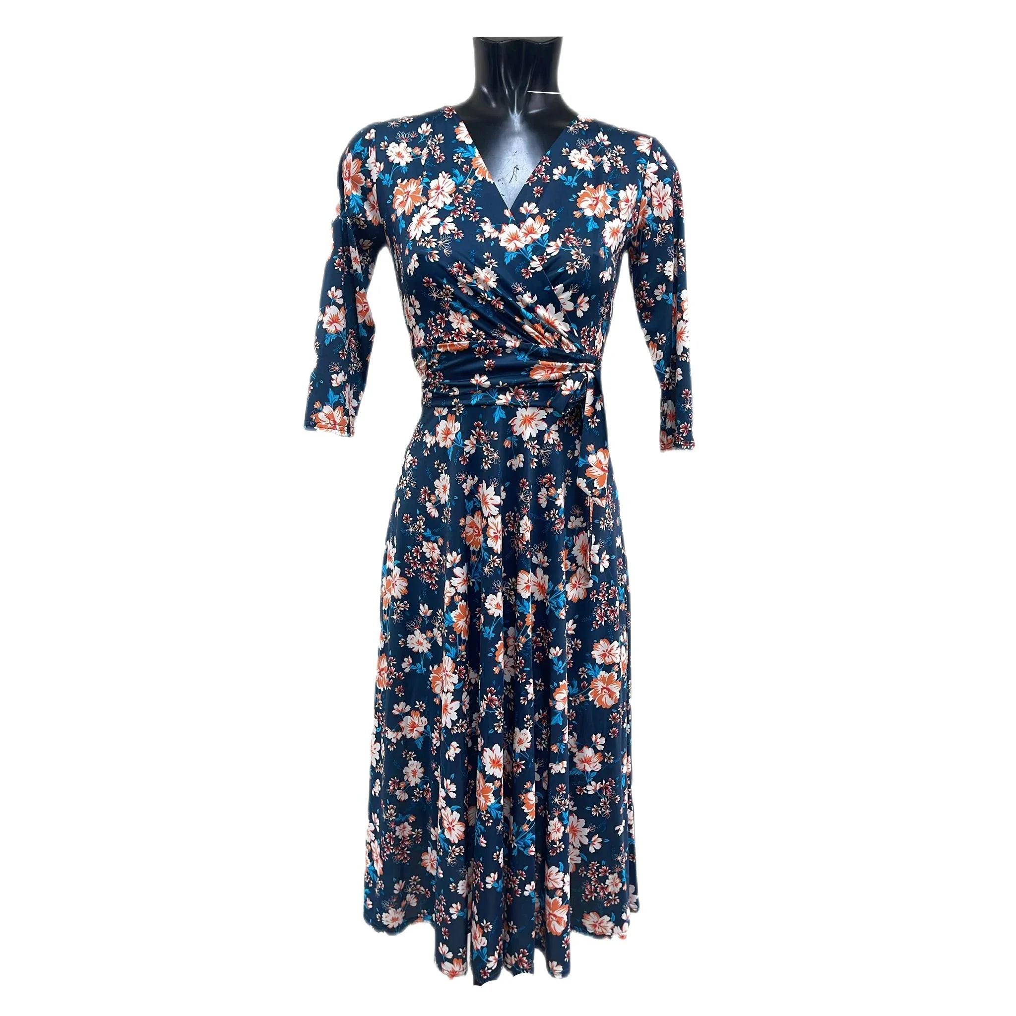 Navy and White Floral Print 3/4 Sleeve Crossover Vintage Swing Dress ...