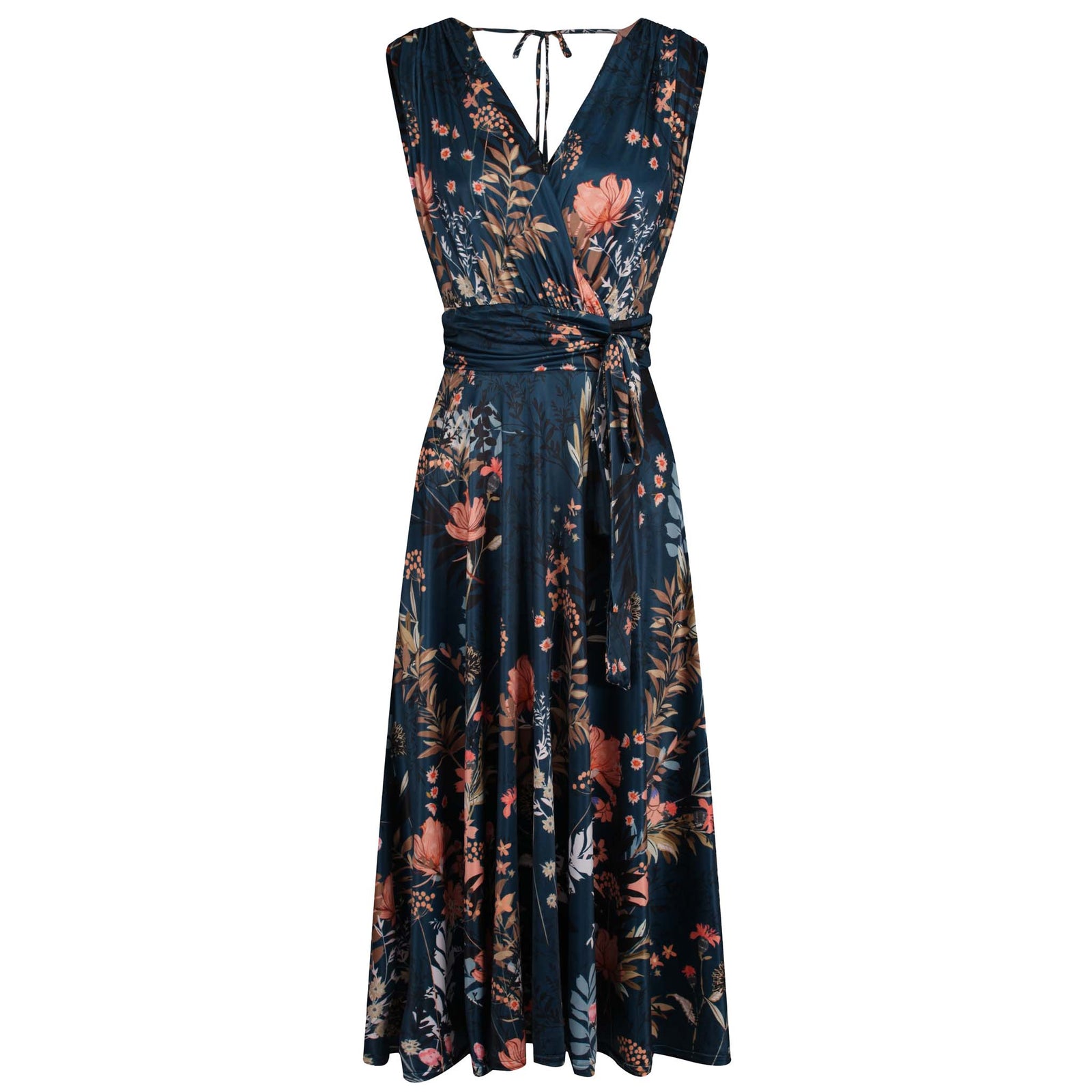 Navy Blue Crossover Top V Neck Tie Waist Cocktail Dress - Pretty Kitty ...