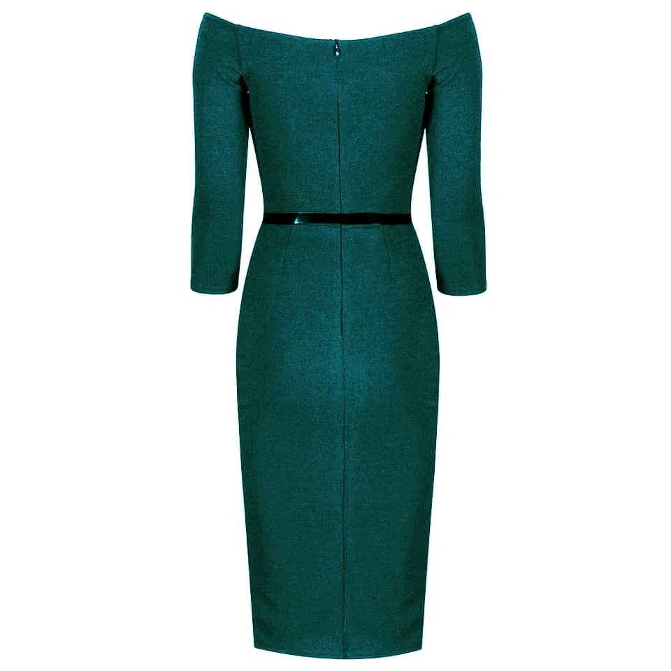 Teal Wide V Neck 3 4 Sleeve Vintage Style Belted Bodycon Pencil Dress Pretty Kitty Fashion