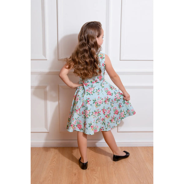 Little Kitty Girl's Blue Floral Print Polka Party Dress - Pretty Kitty ...