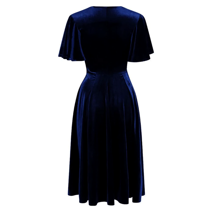Navy Blue Velour Waterfall Sleeve Crossover Wrap Effect Swing Dress ...